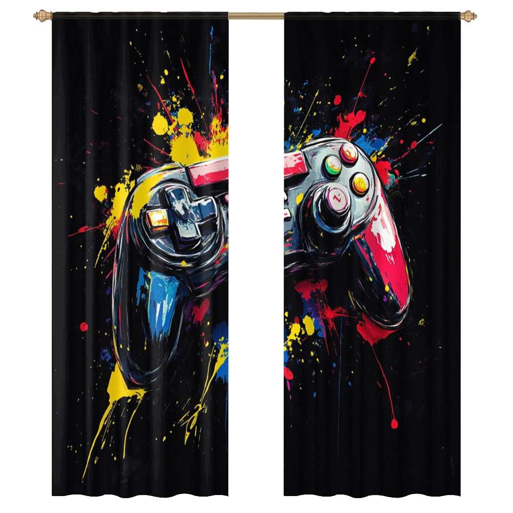 Colorful Splatter Game Controller Art Sheer Window Curtains for Living ...