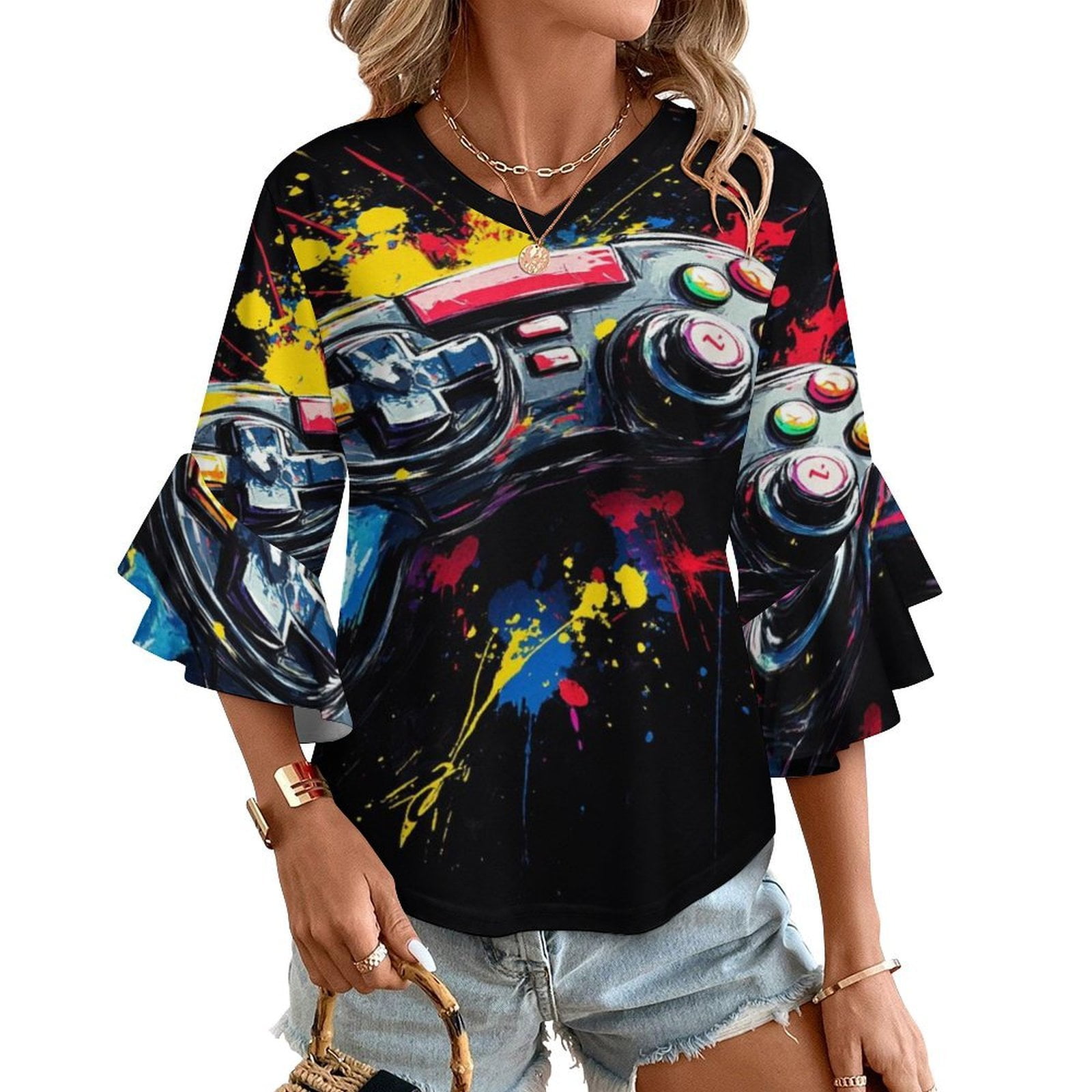 Colorful Splatter Game Controller Art Women's V-Neck Blouse With 3/4 ...