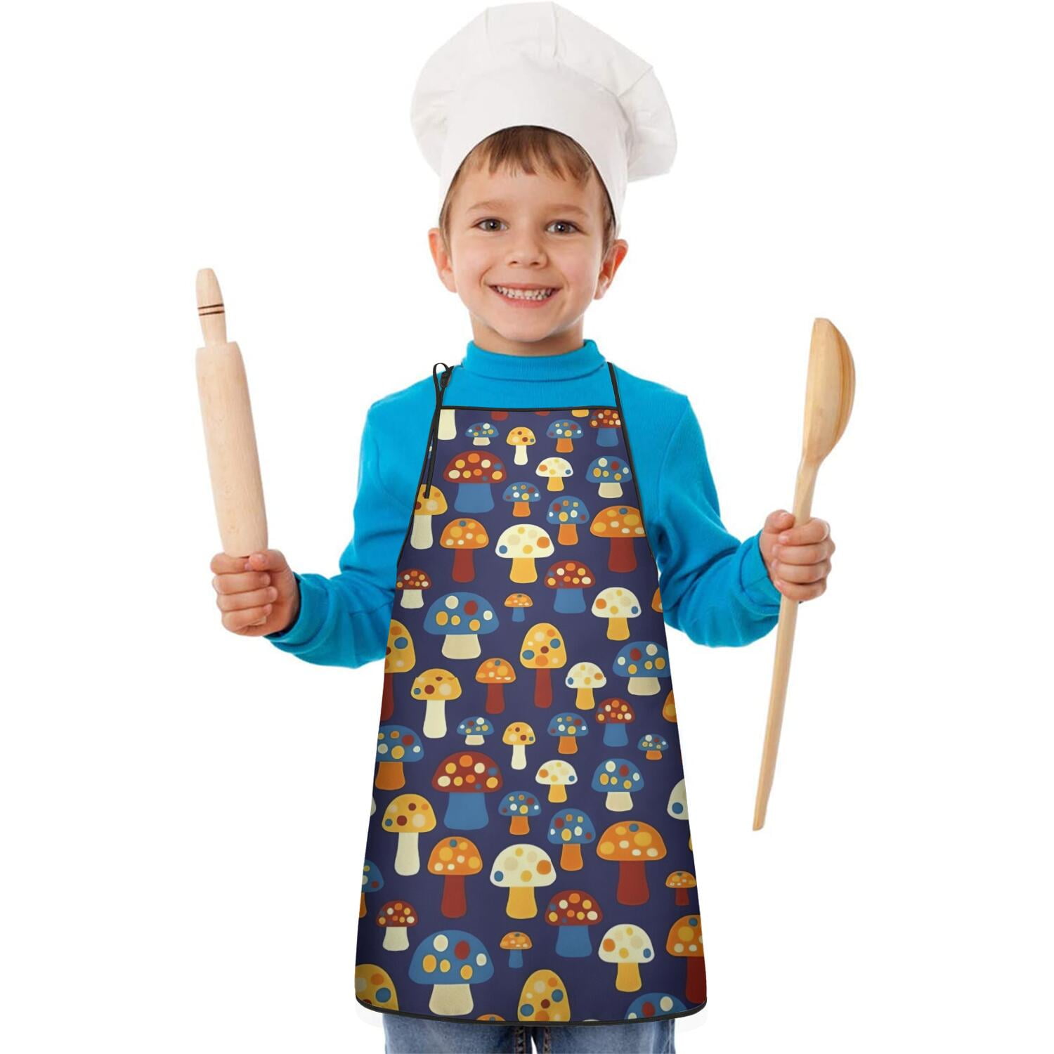 Colorful Spotted Mushroom Dark Blue Pattern Kids Aprons for Girls and ...