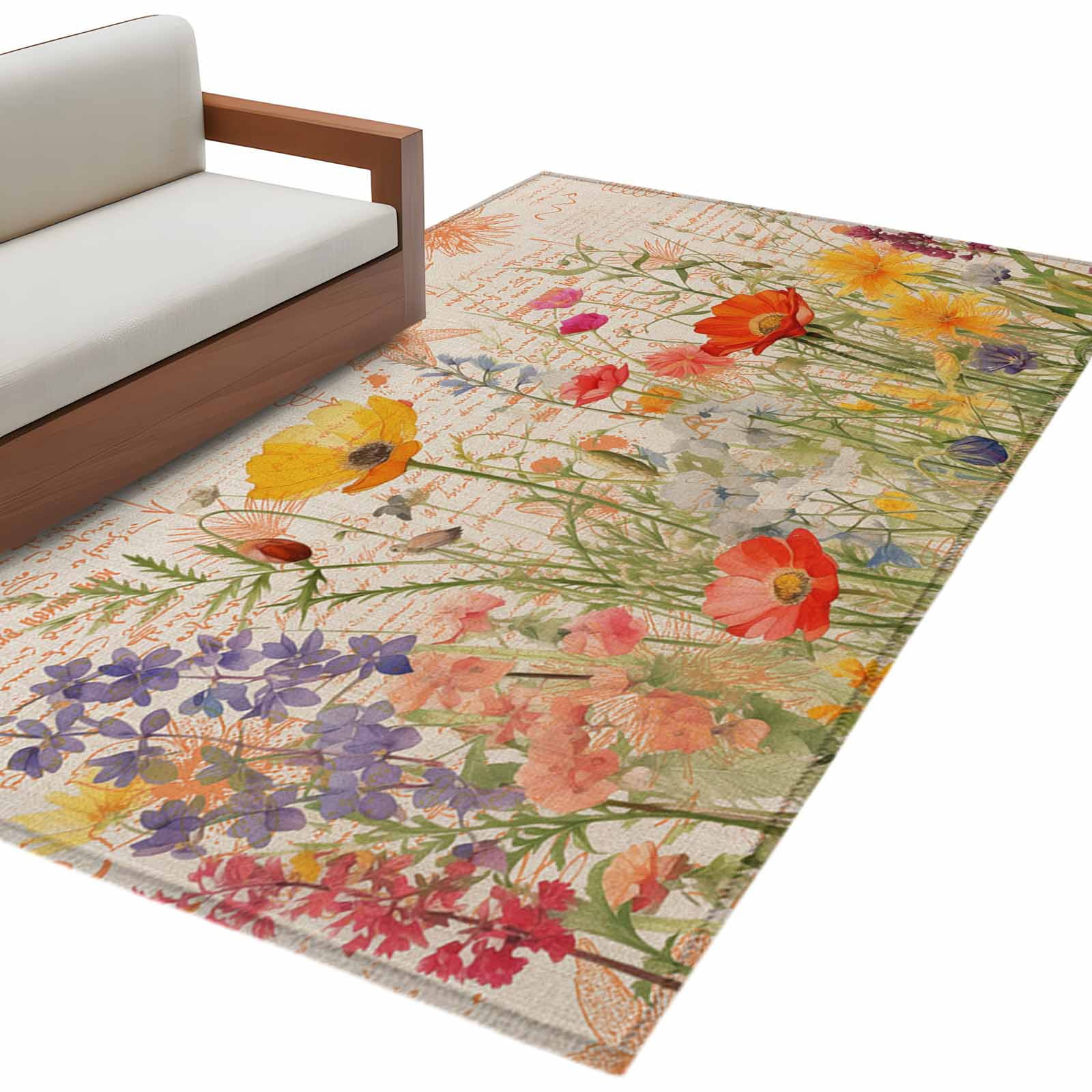 Colorful Spring Floral 3'x5' Washable Rug, Vintage Summer Botanical Non ...