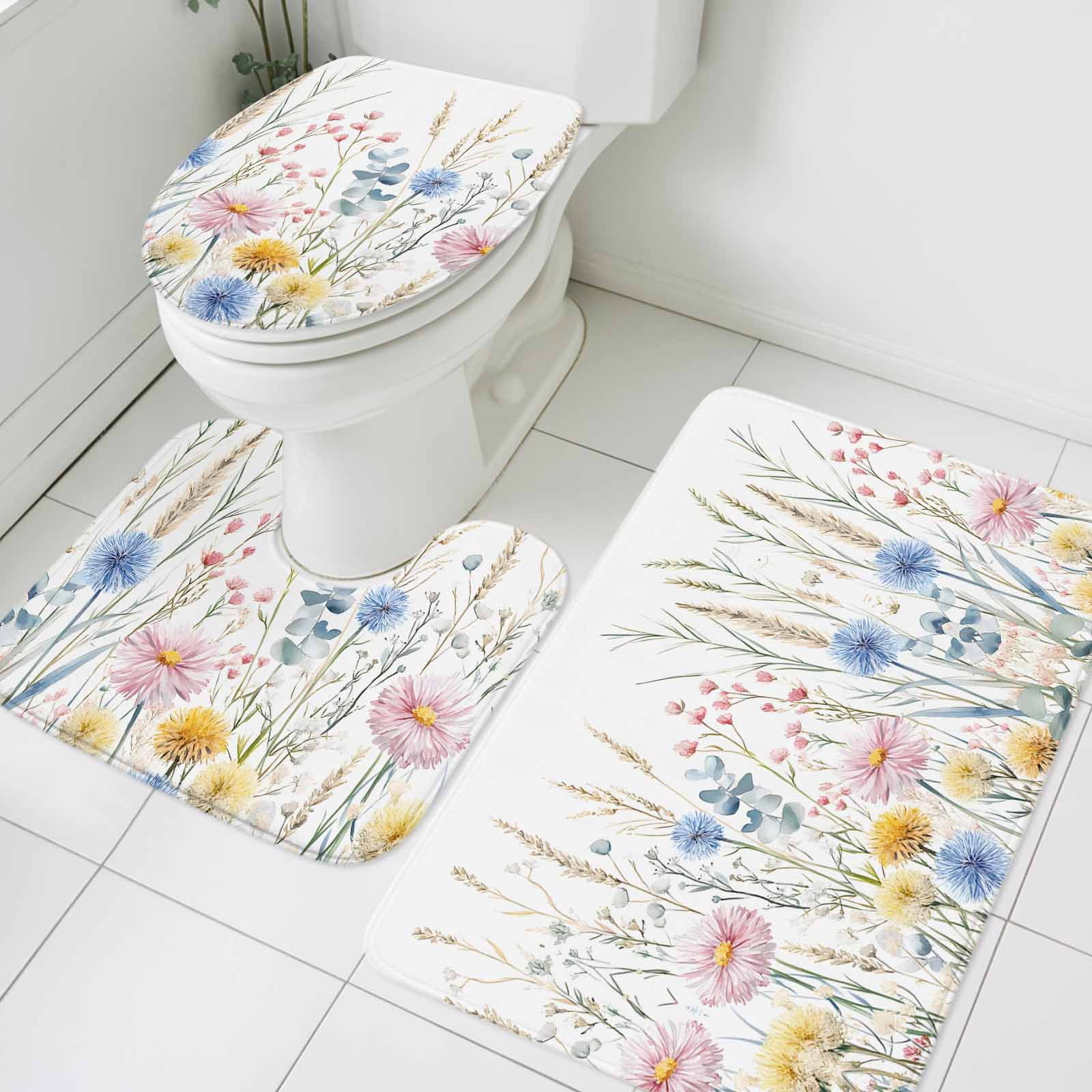 Colorful Spring Floral Bathroom Rugs Set Watercolor Summer Botanical ...