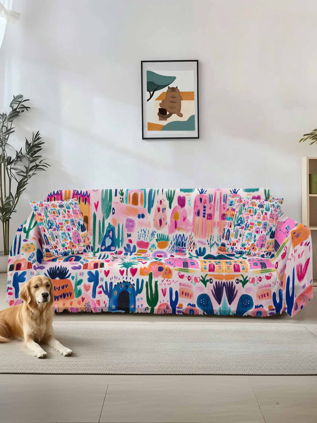 Colorful Spring Floral Couch Cover, Summer Botanical Cactus Oversized ...