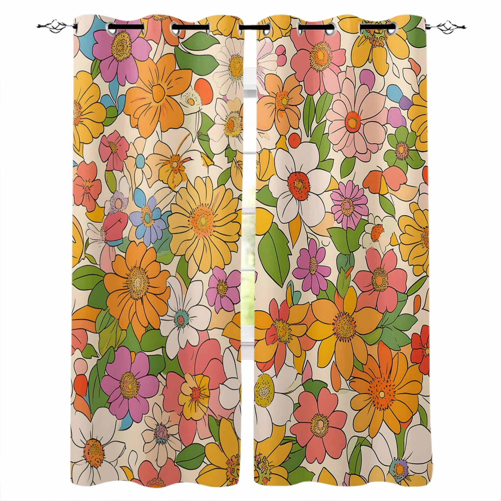 Colorful Spring Floral Kitchen Curtains Summer Botanical Flowers Cafe ...
