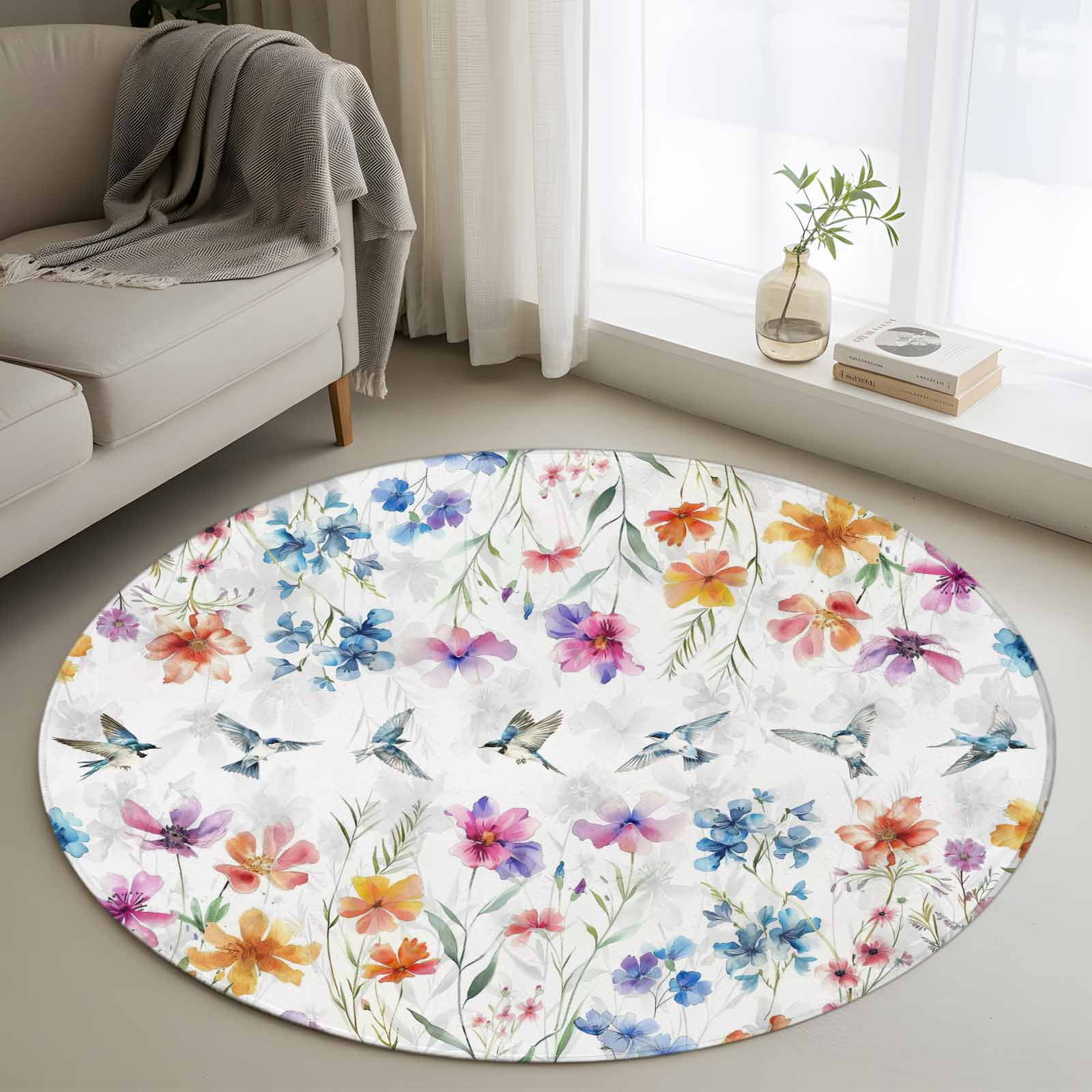 Colorful Spring Floral Round Area Rug 3.3 FT, Non Slip Small Entryway ...