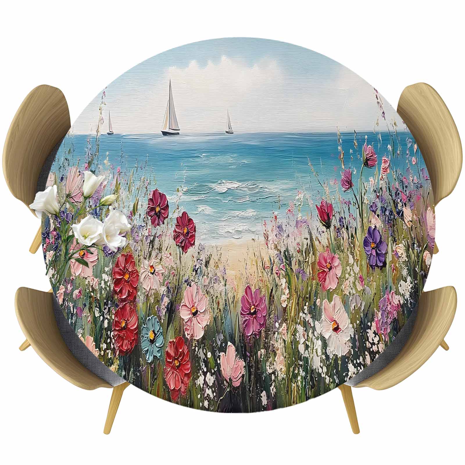 Colorful Spring Floral Round Tablecloth 45-54 Inch Round Fitted Table ...