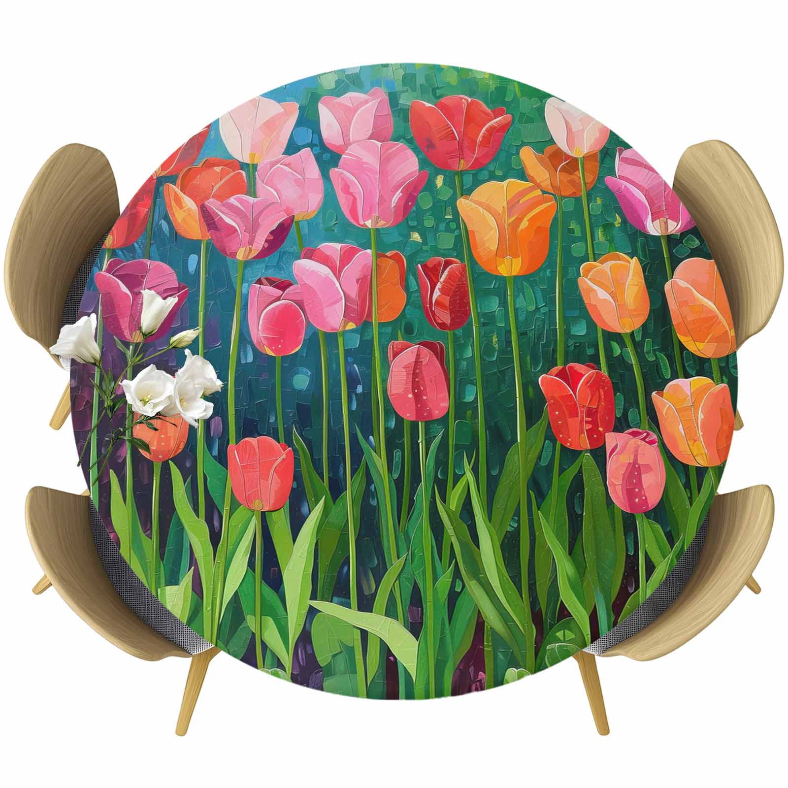 Colorful Spring Floral Round Tablecloth 45-54 Inch Round Fitted Table ...
