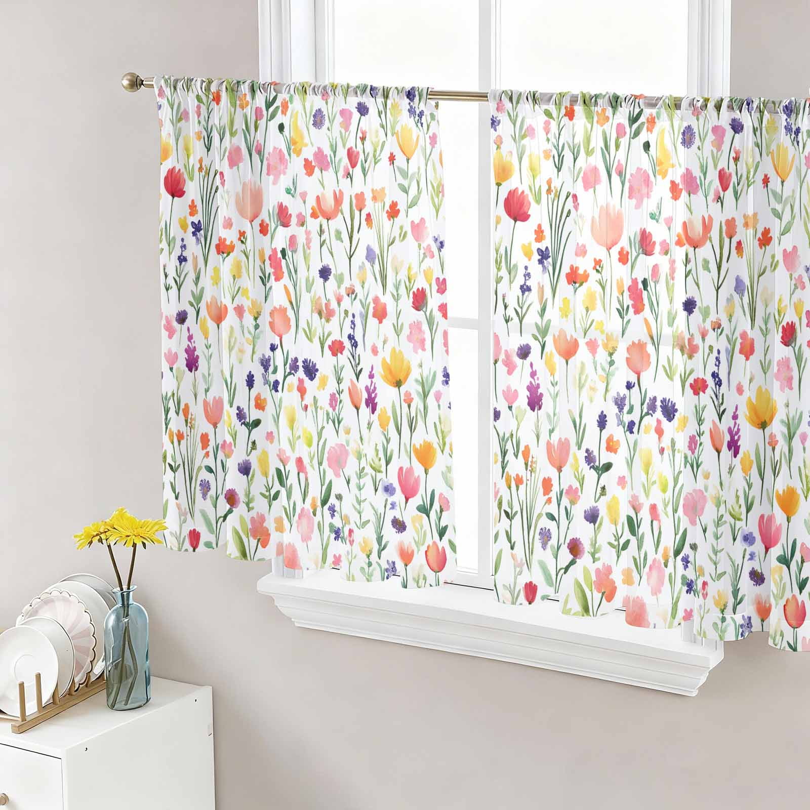 Colorful Spring Floral Semi Sheer Curtains 45 Inch Length 2 Panels Set ...