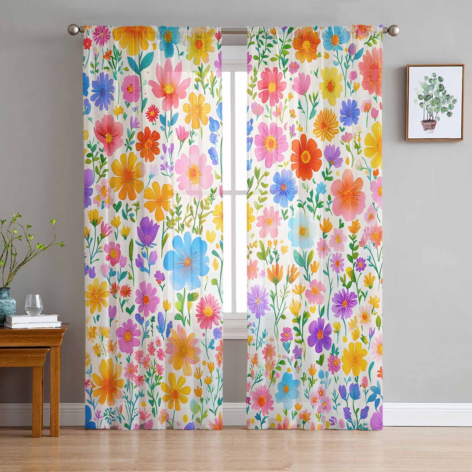 Colorful Spring Floral Semi Sheer Curtains 84 Inch Length 2 Panels Set ...