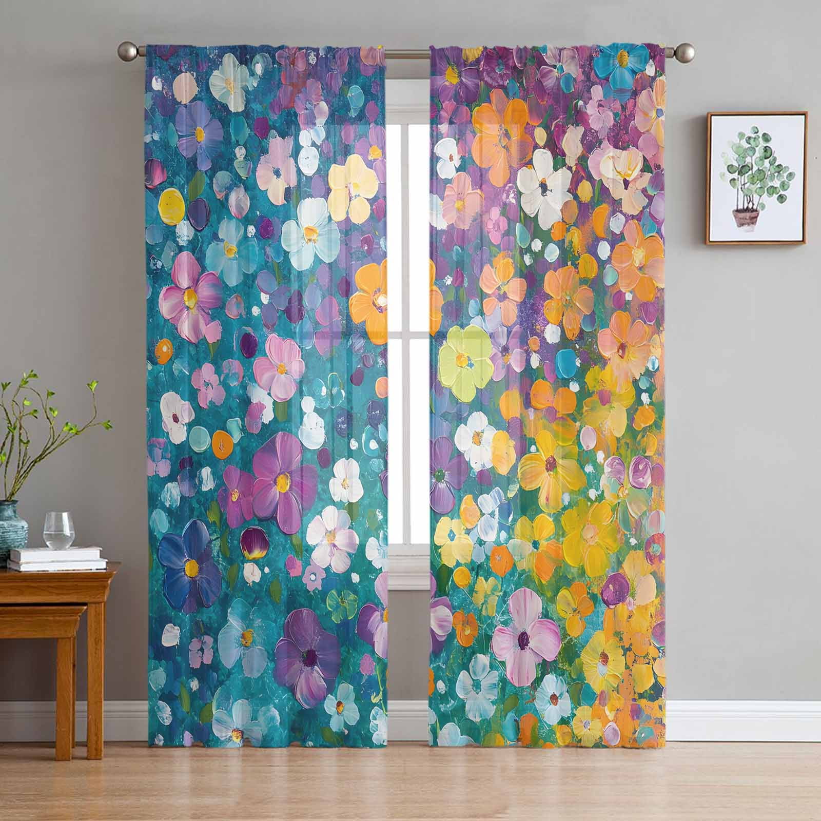 Colorful Spring Floral Sheer Curtains 63 Inch Length 2 Panels Set for ...