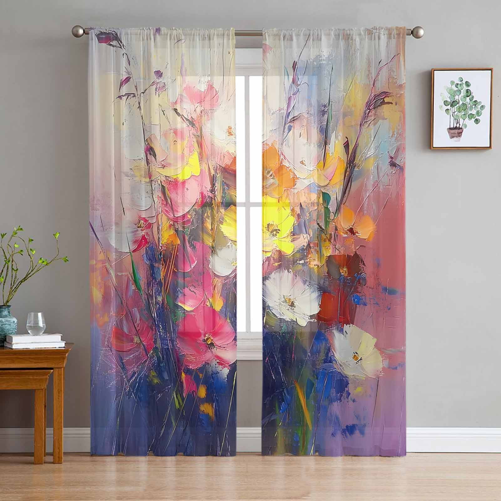 Colorful Spring Floral Sheer Curtains 84 Inch Length 2 Panels Set for ...