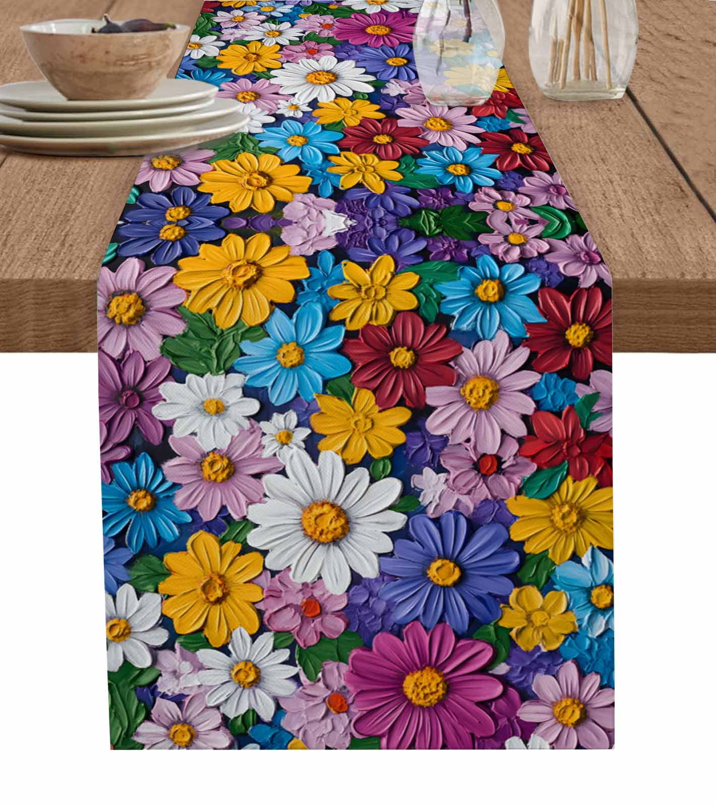 Colorful Spring Floral Table Runner 90 Inches, Modern Oil Painting ...