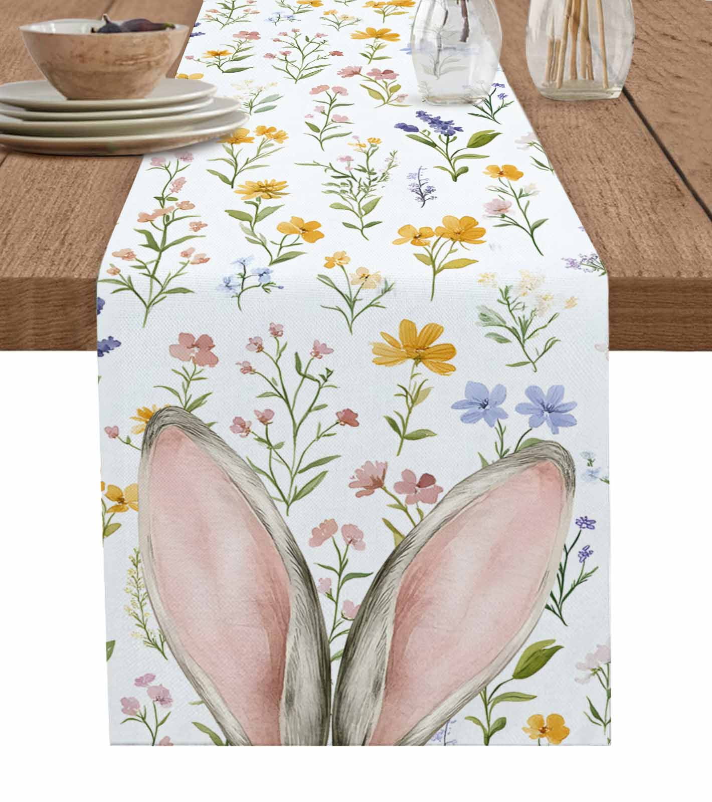 Colorful Spring Floral Table Runner 90 Inches, Summer Botanical Rabbit ...