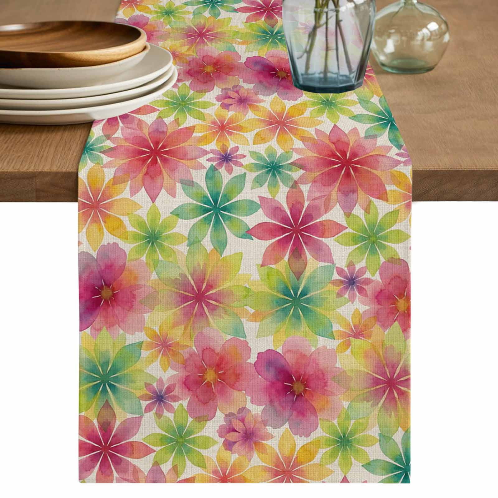 Colorful Spring Floral Table Runner, Watercolor Flowers Elegant ...