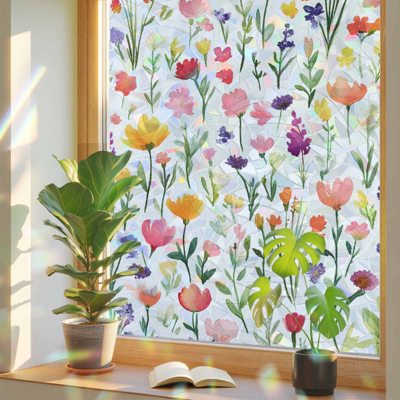 Colorful Spring Floral Window Privacy Film Rainbow Static Cling Stain ...