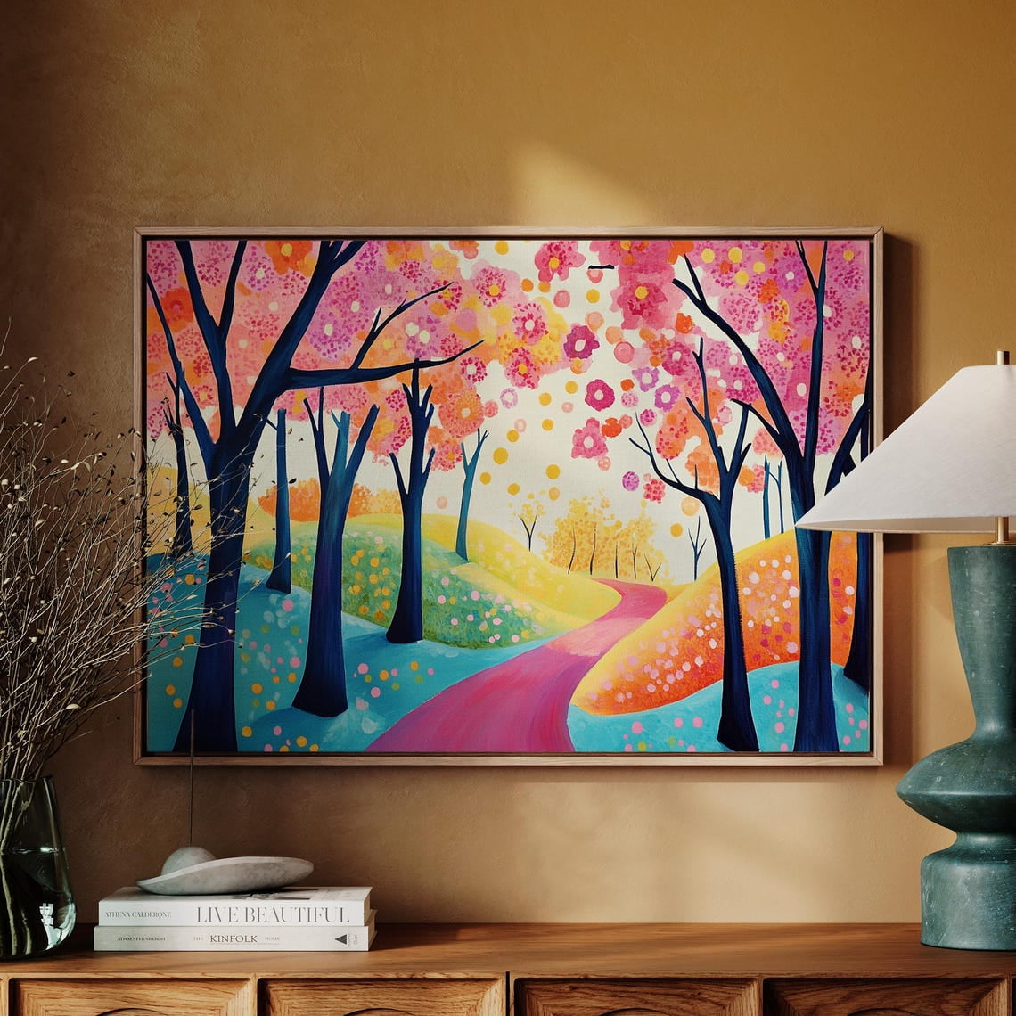 Colorful Spring Forest Path Art Print – Vibrant Cherry Blossom Hillside ...