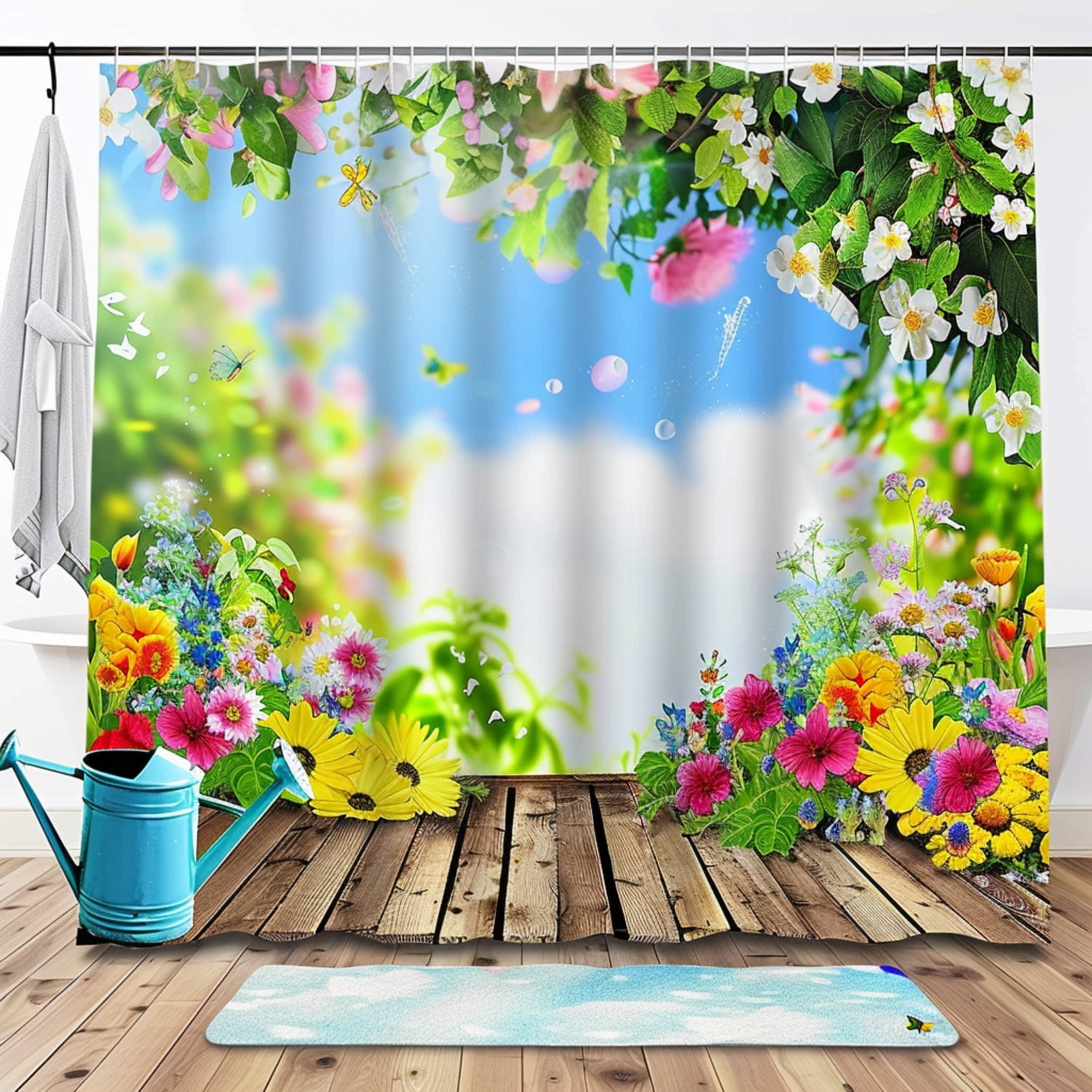 Colorful Spring Garden Shower Curtain with Watering Can Print 3D Render ...