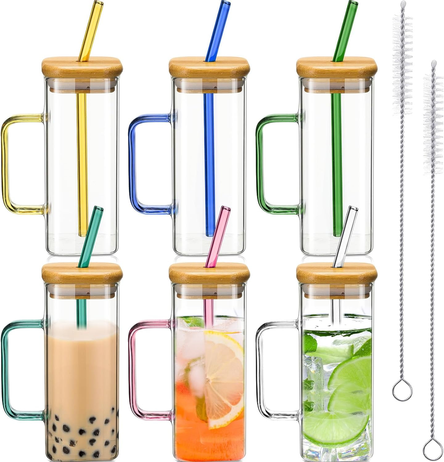 Colorful Square Glass Cups With Bamboo Lids And Straw Set Of 6 For Coffee Tea And More
