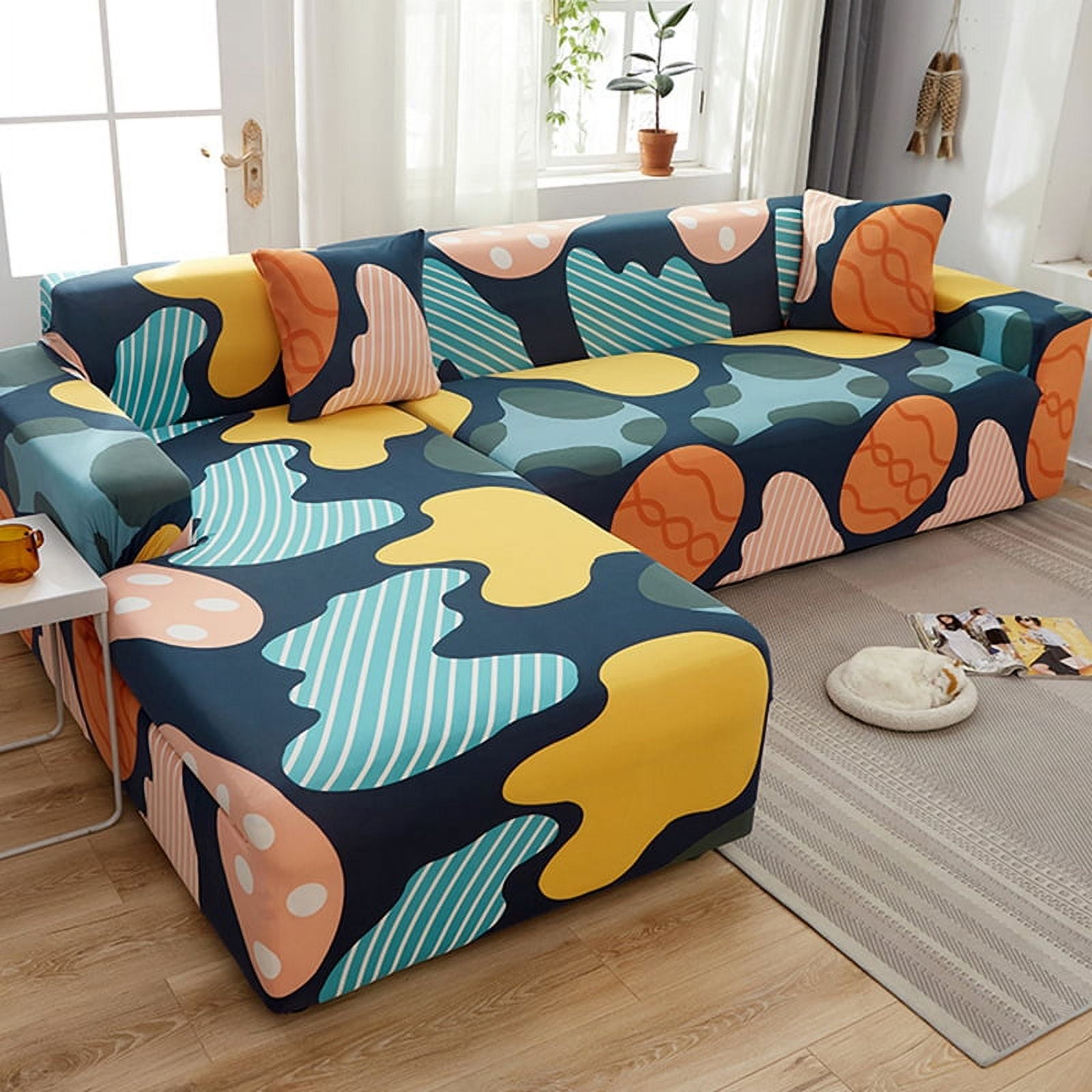 Colorful Square Grille Sofa Cover Fully Wrapped Elastic Dustproof Cover ...