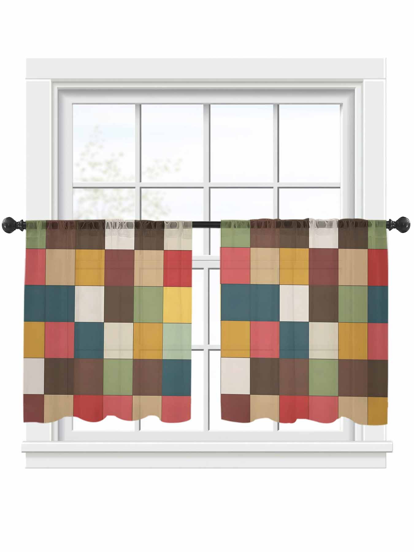 Colorful Square Patchwork Sheer Curtains 45 Inch Long 2 Panels, Color ...