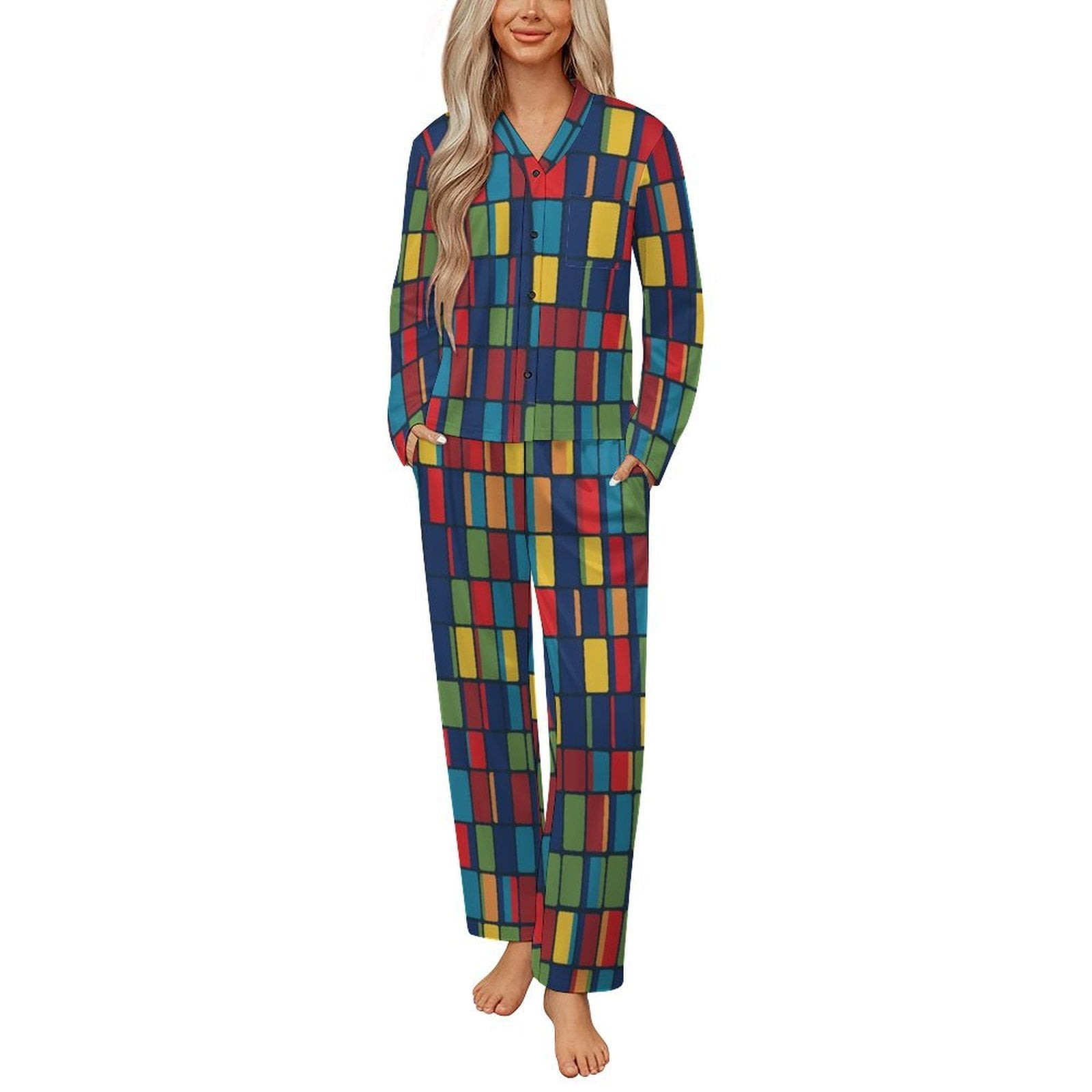 Colorful Square Pattern Abstract Womens Pyjamas Set Button Up Pyjamas ...