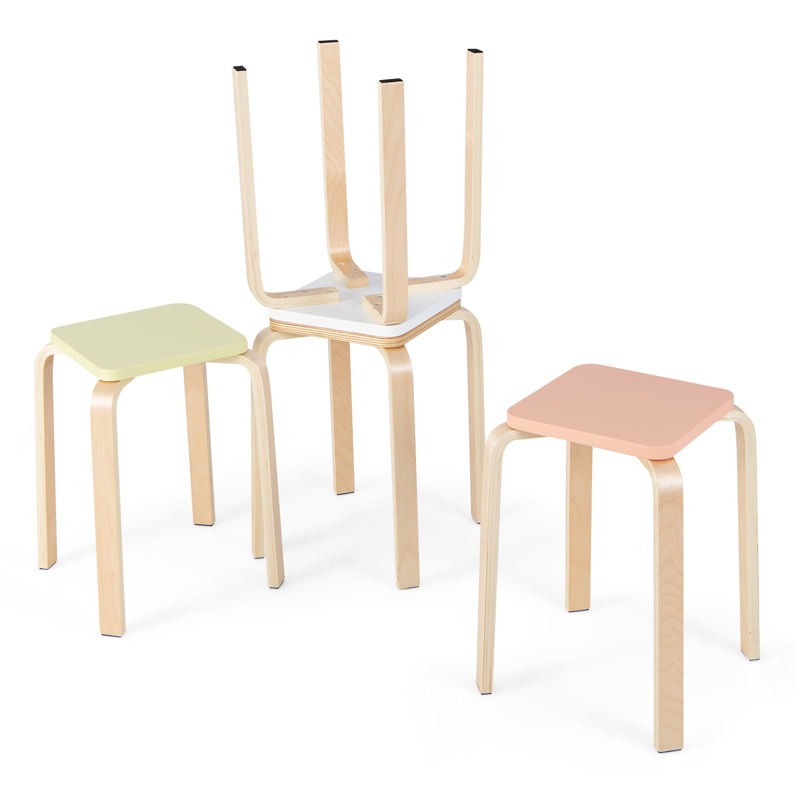 Colorful Square Stools Set of 4 Stackable Wood Stools with Anti-slip ...
