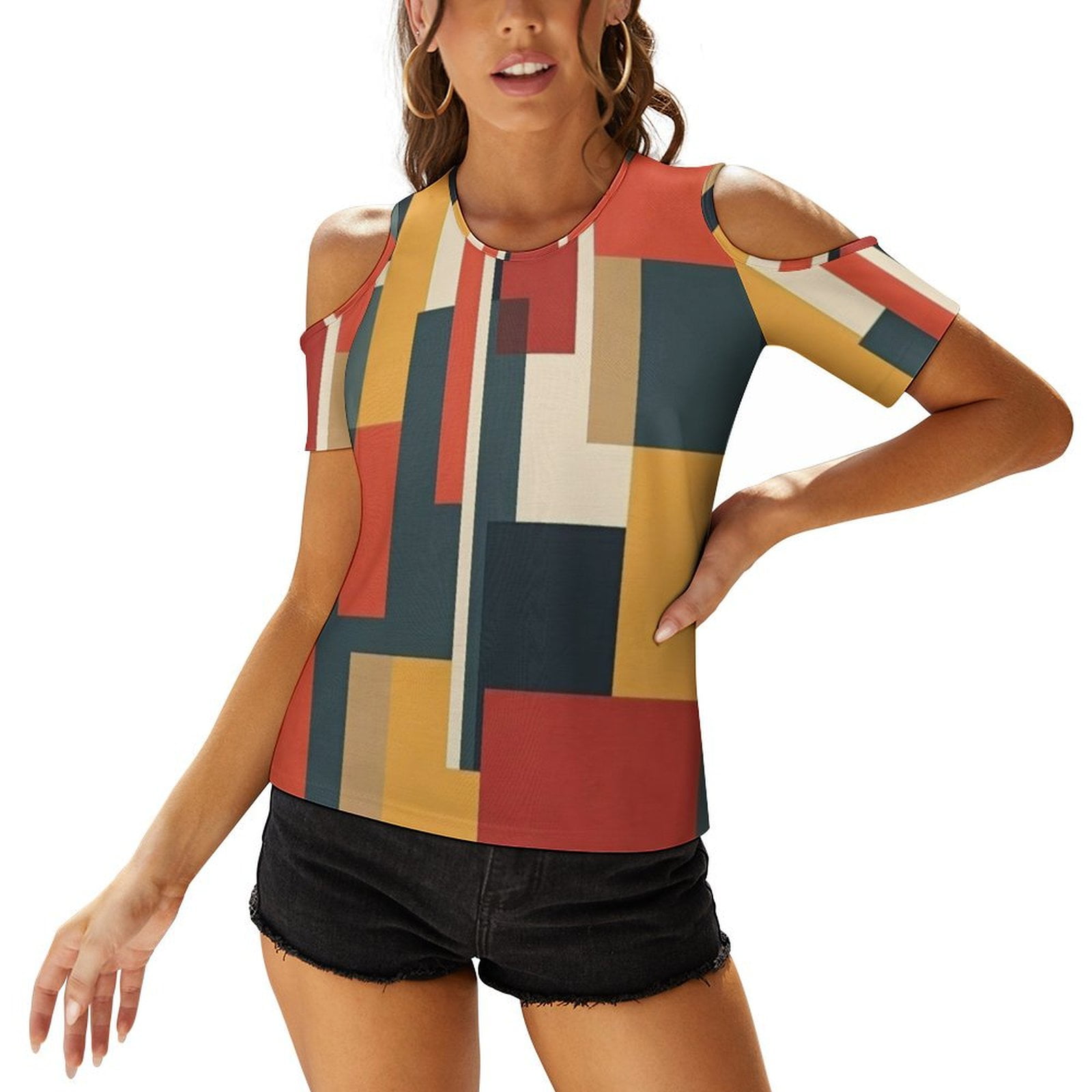 Colorful Squares Geometric Modern Art Women's Off Shoulder Tops Casual ...