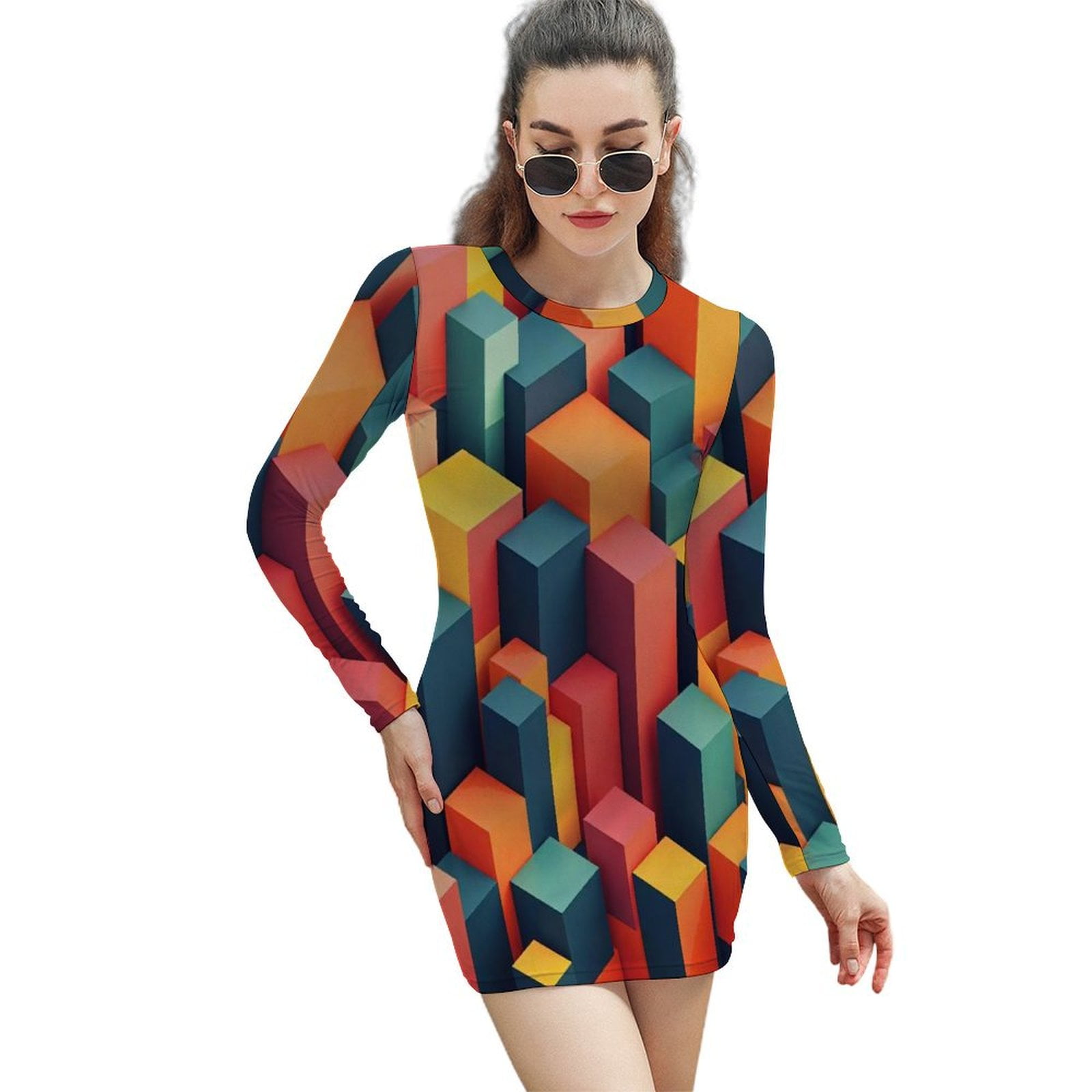 Colorful Squares Modern Art Women's Long Sleeve Bodycon Dress Soft ...