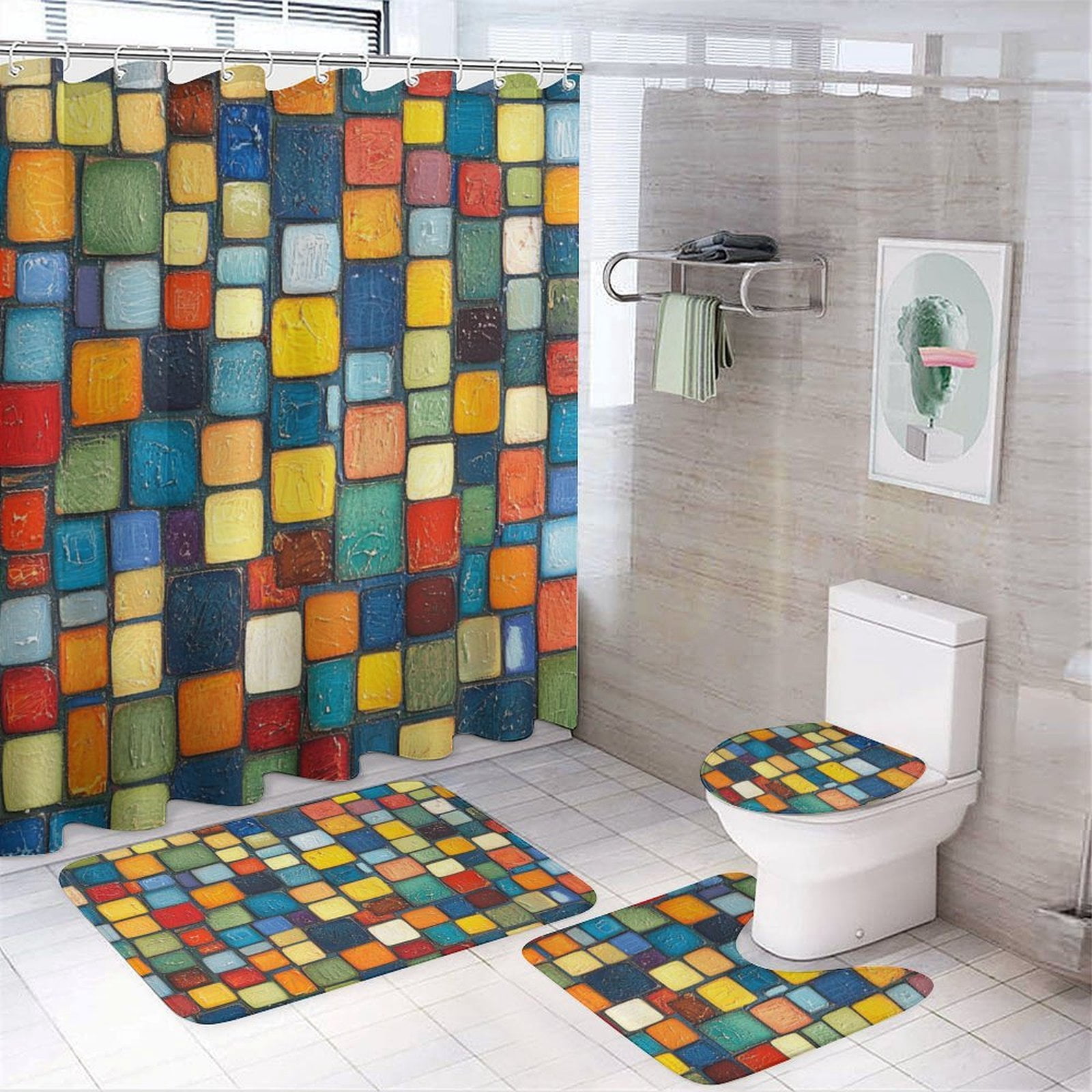 Colorful Squares Shower Curtain Sets 4 Piece Shower Curtain And Rugs ...