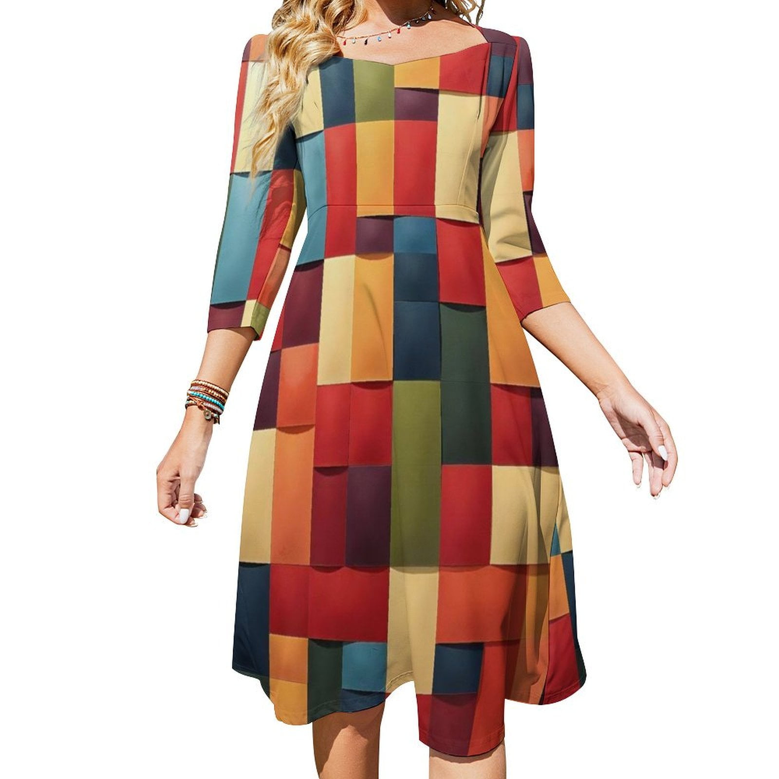 Colorful Squares Womens Summer Dress Tie Back A Line Flare Dress ...