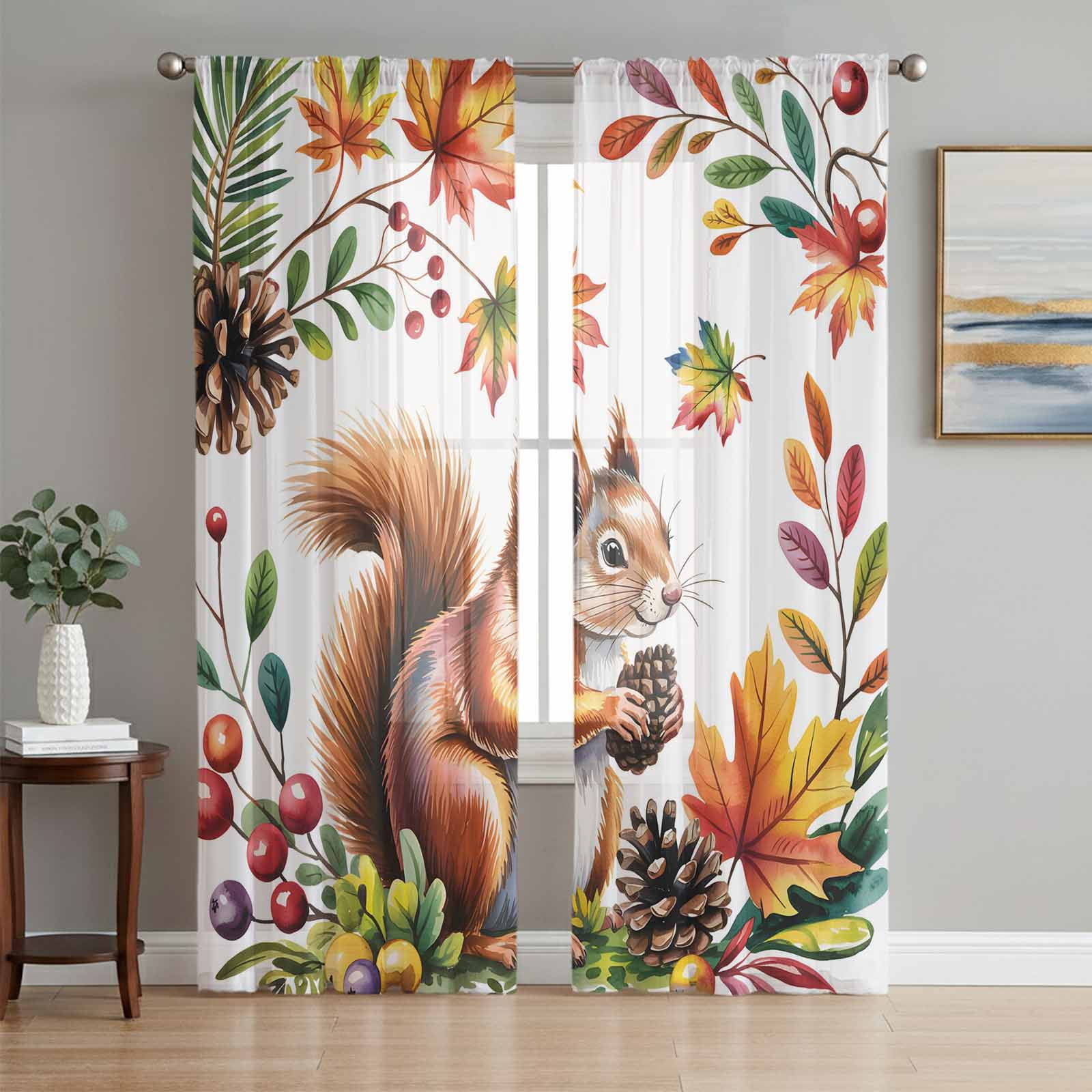Colorful Squirrel Sheer Curtains 63 Inch Length 2 Panels Set, Botanical ...