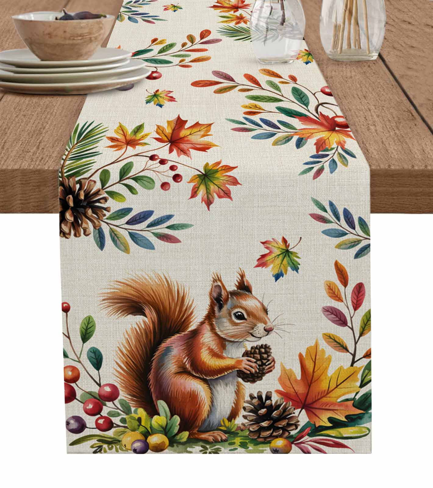 Colorful Squirrel Table Runner Botanical Berry Pine Cones Rustic Tablerunners 16 x 72 Inch ...