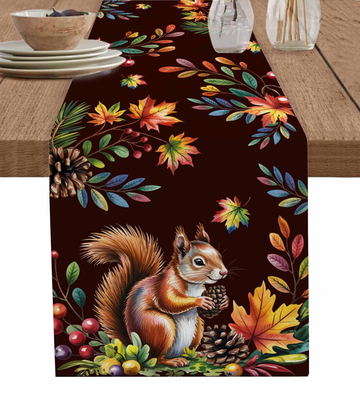 Colorful Squirrel Table Runner Brown Botanical Berry Pine Cones ...
