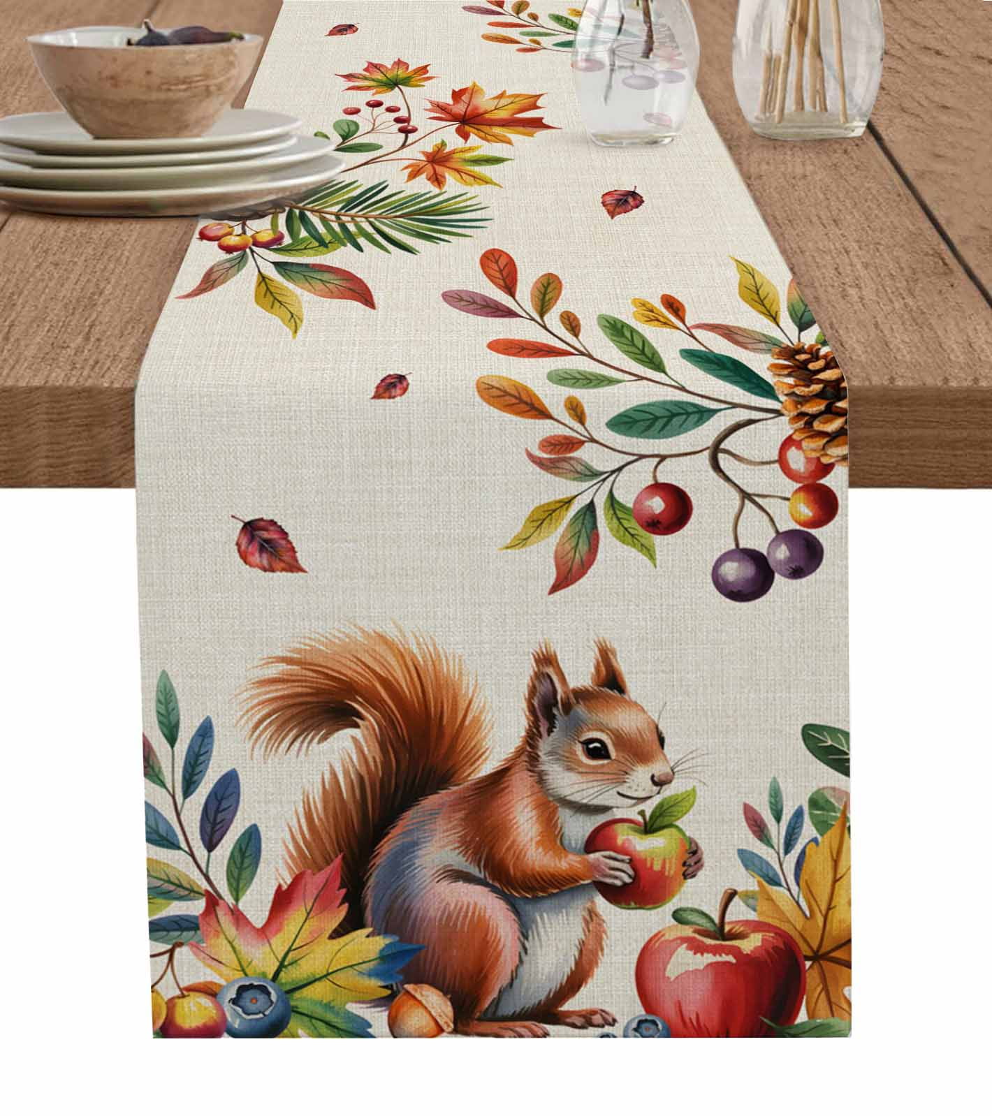 Colorful Squirrel Table Runner Watercolor Botanical Berry Pine Cones Rustic Tablerunners 13 x ...