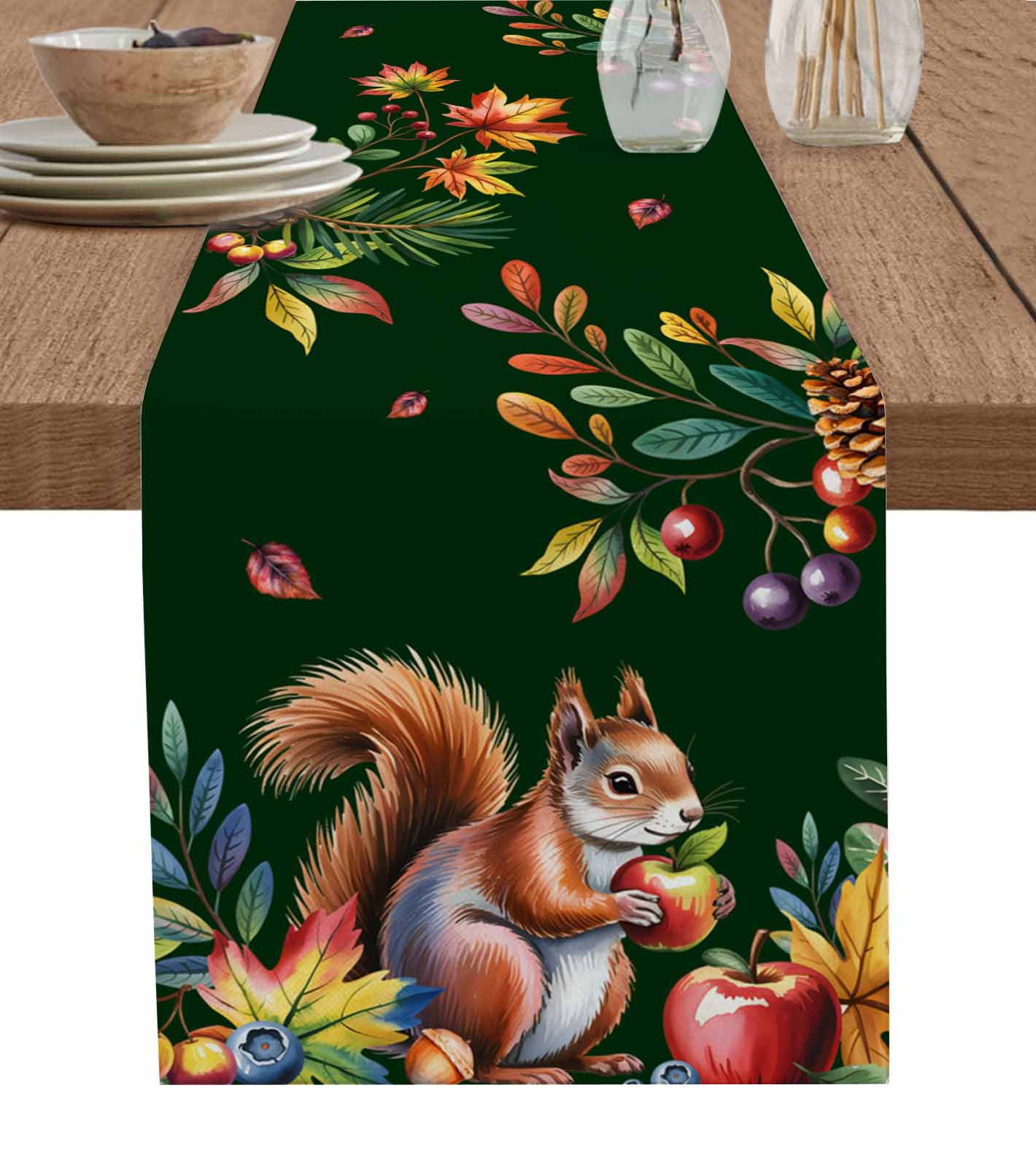 Colorful Squirrel Table Runner Watercolor Botanical Berry Pine Cones Tablerunners 13 x 72 Inch ...