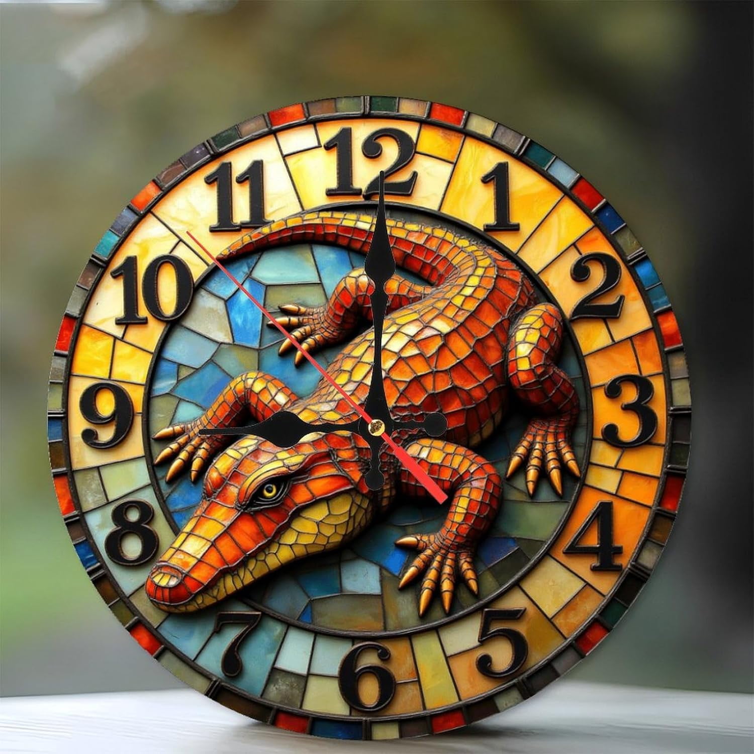 Colorful Stained Glass Alligator Wall Clock Decor10-Inch Wooden Wall ...