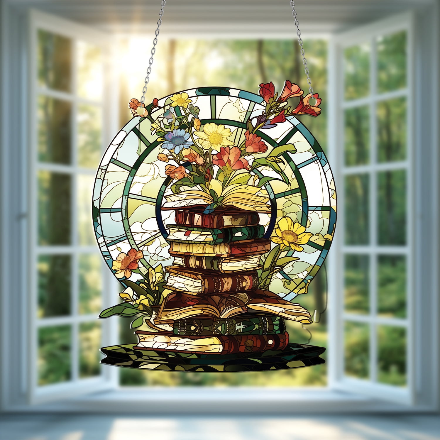 Colorful Stained Glass Books with Flowers Hanging, Reading Window Decor ...