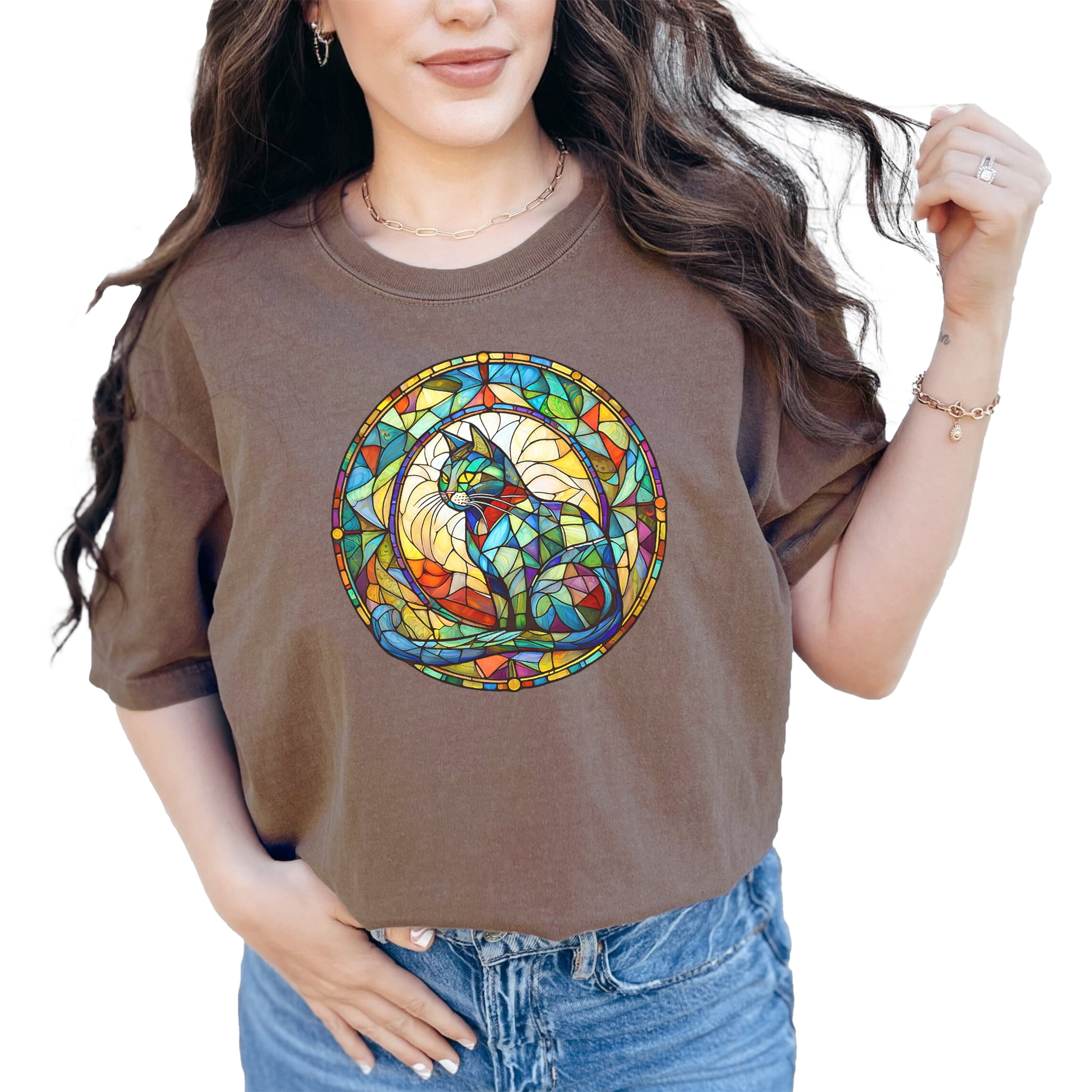 Colorful Stained Glass Cat Art T-Shirt, Unique Cat Lover Gift, Vibrant ...