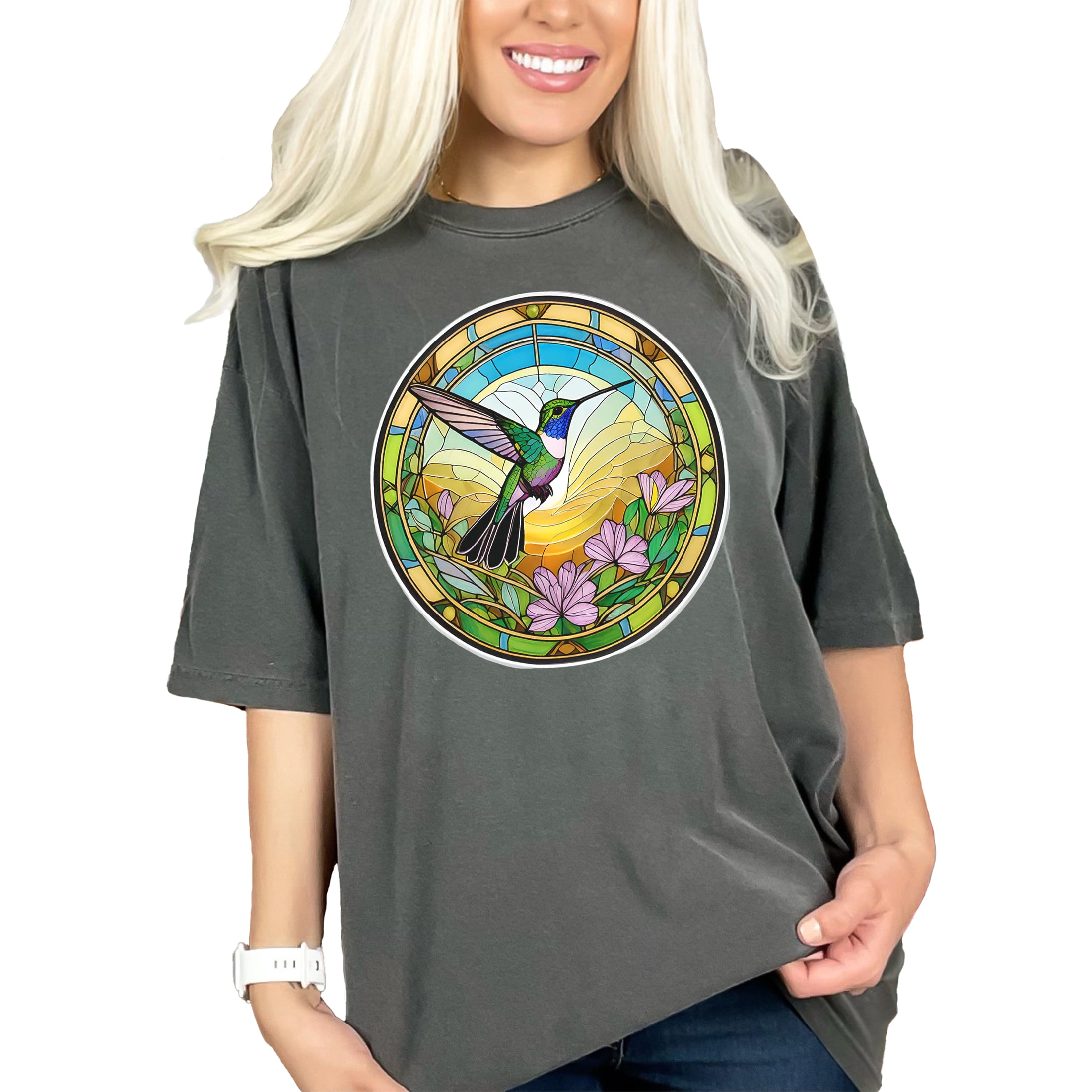 Colorful Stained Glass Hummingbird T-Shirt, Nature Inspired T-Shirt ...