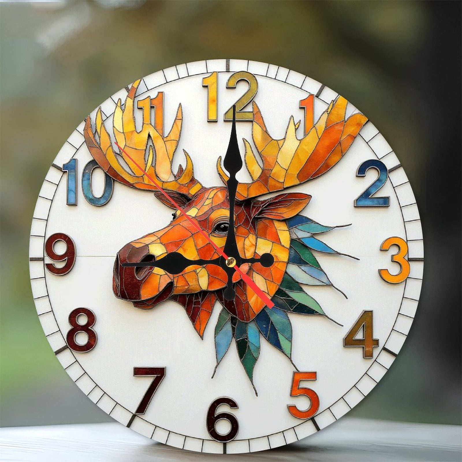 Colorful Stained Glass Moose Head Wall Clock Decor 10-Inch Silent ...