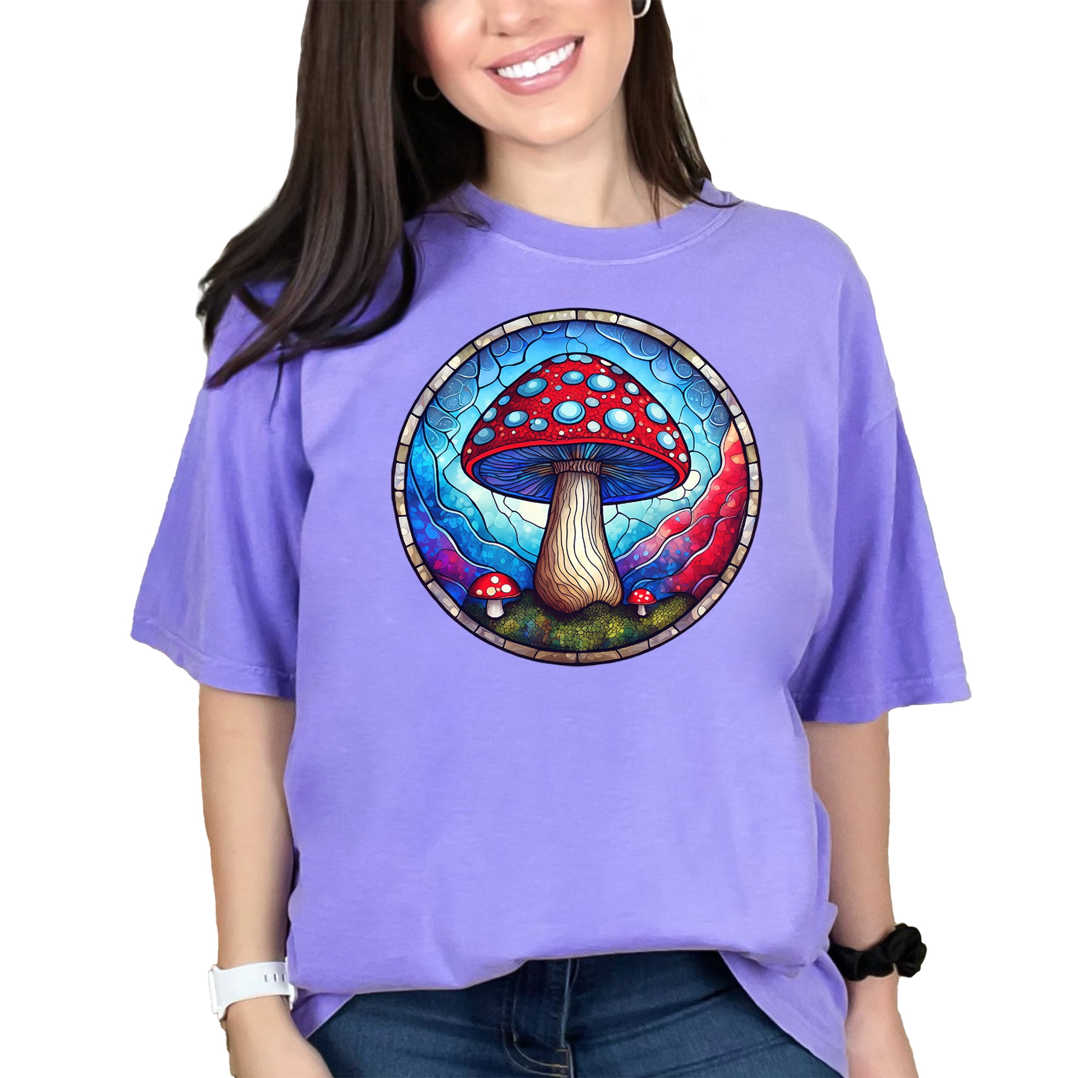 Colorful Stained Glass Mushroom Art T-Shirt, Trippy Psychedelic ...