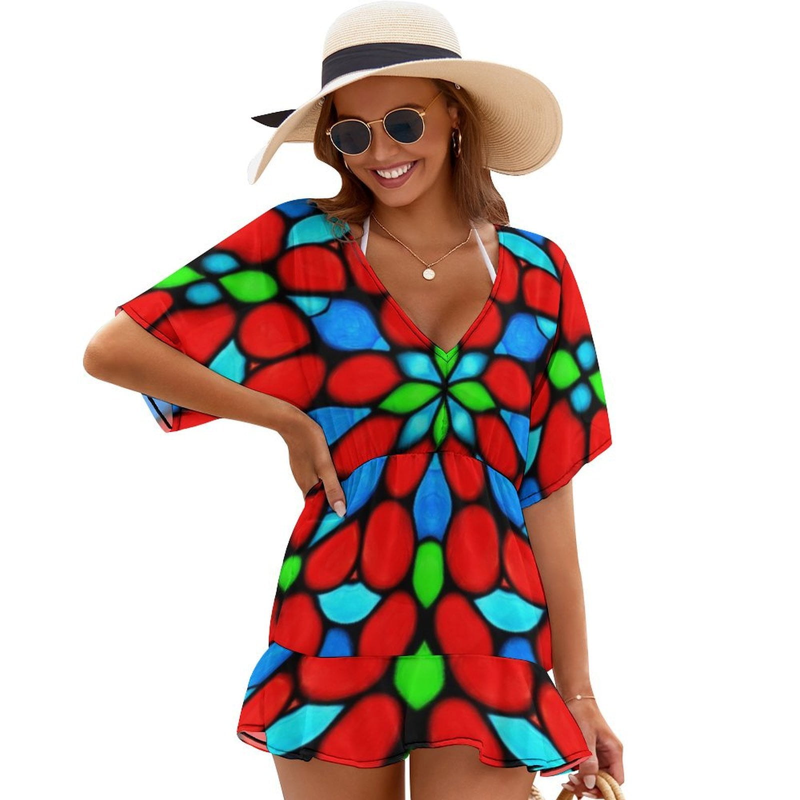 Colorful Stained Glass Pattern Beach Cover Ups Women V Neck Short ...