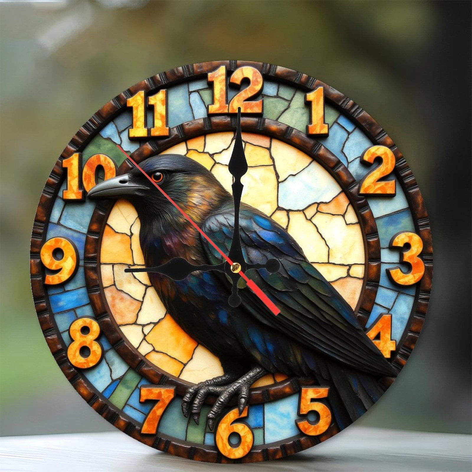 Colorful Stained Glass Raven Wall Clock Decor 10-Inch Silent Wooden ...