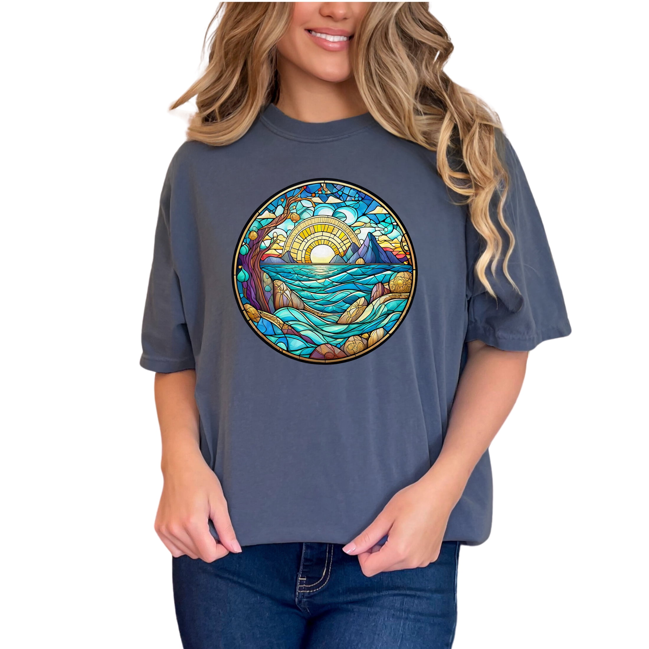 Colorful Stained Glass Sun and Sea Art T-Shirt, Beach Vibes Graphic Tee ...