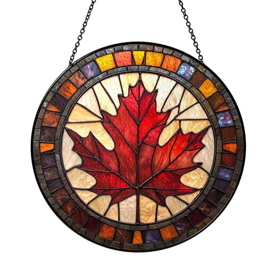 Colorful Stained Glass Window Suncatcher Autumn Maple Leaf Round Panel ...