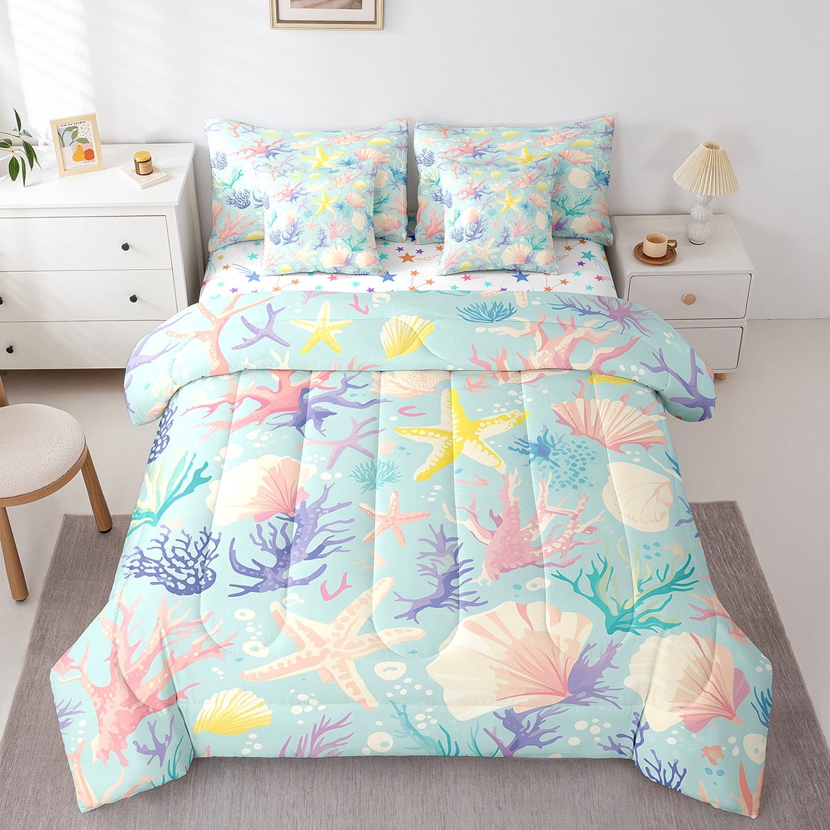 Colorful Starfish Seashell King Comforter Set 7 Pieces for Kids Boys ...