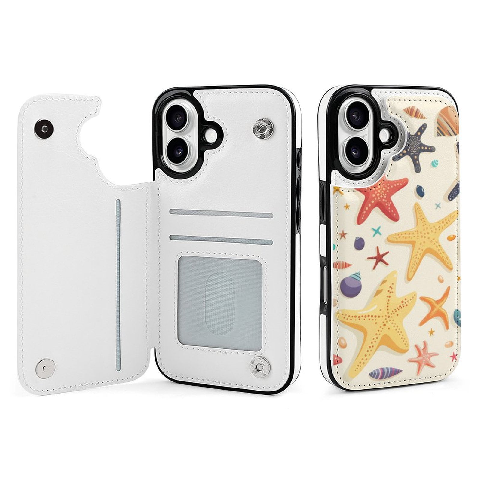 Colorful Starfish Shells Leather Wallet Case for iPhone 16 15 14 13 12 ...