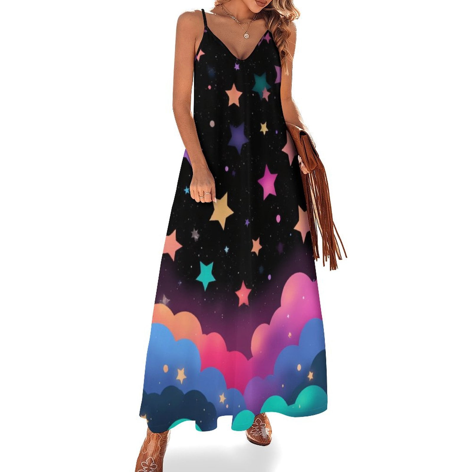 Colorful Stars And Clouds Night Sky Design Sleeveless Dress Woman ...