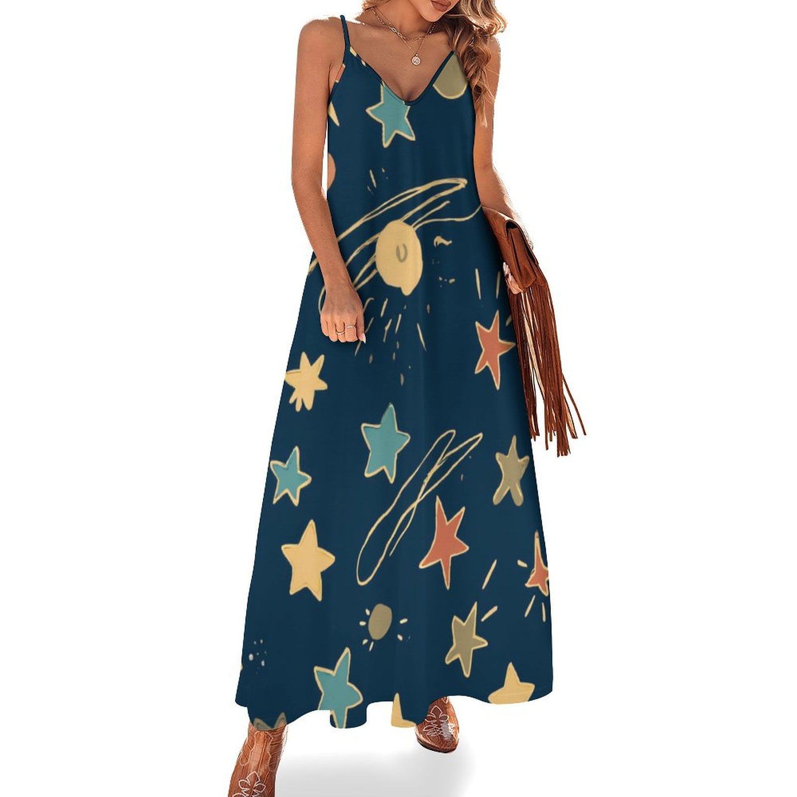 Colorful Stars And Moons Pattern Sleeveless Dress Women's Luxury Party ...