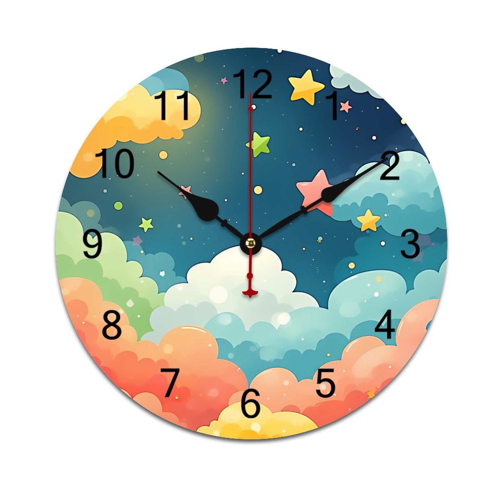 Colorful Stars Clouds And Moon Printed Silent Wall Clock Round Kitchen ...