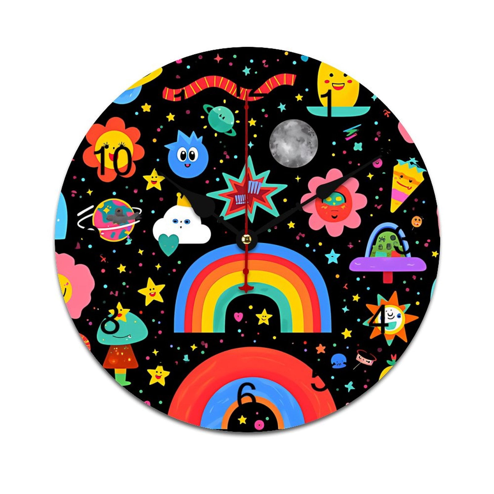 Colorful Stars Clouds And Moon Printed Silent Wall Clock Round Kitchen ...